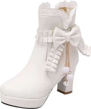 Generic Bottines pour femme avec talon épais et bout rond - Avec noeud - Dentelle perlée - Fermeture éclair latérale - Imperméables et confortables - Jolies b