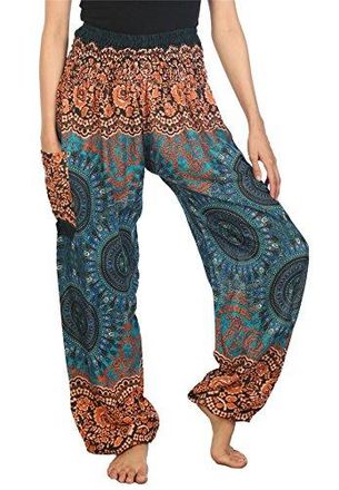Lofbaz Boho Pantalons Femmes Taille Smockée Rose 2 Harem Pants Vert Sarcelle Size L
