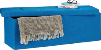 Relaxdays Faltbare Sitzbank XXL, Sitzcube mit Stauraum, Sitzwürfel aus Leinen, mit Deckel, HBT 38 x 114 x 38 cm, blau