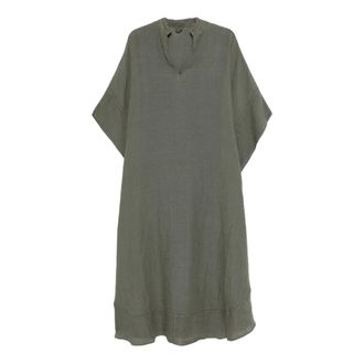 120% Lino Femme, Robes, Vert, Taille: 40 FR Kaftan en lin V-neck Fentes lat&eacute;rales