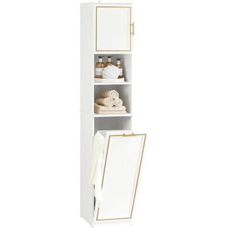 SoBuy Meuble Colonne de Salle de Bain avec 2 Portes, 2 Compartiments Ouverts et Panier à Linge Amovible Design Blanc Laqué avec Finitions Dorées Sobuy