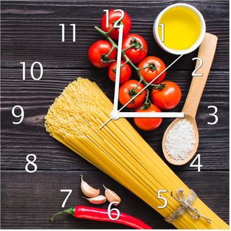 Wallario Design-Wanduhr Italienisches Menü mit Spaghetti, Tomaten, Salz und Chilischoten aus Glas, Motiv-Uhr Größe 30 x 30 cm, weiße Zeiger