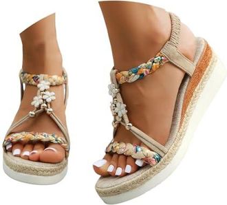 Generic Sandales compens&eacute;es &agrave; large largeur pour femme, sandales d&eacute;t&eacute; habill&eacute;es &agrave; bout ouvert et perles pour femme, chaussures de marche vintage antid&eacute;rapante