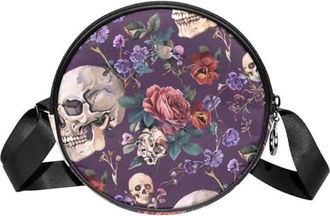 Generic Petit sac &agrave; bandouli&egrave;re circulaire pour femme, motif cr&acirc;nes, fleurs, petit sac &agrave; bandouli&egrave;re avec fermeture &eacute;clair, bretelles r&eacute;glables, sac &agrave; main ro