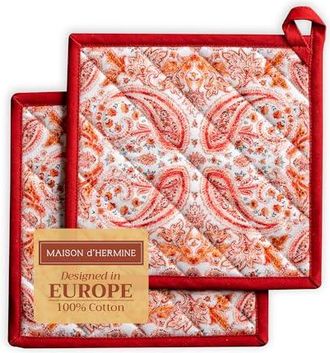 Maison d'Hermine Orient Lot de 2 maniques 100% Coton avec Boucle r&eacute;sistante &agrave; la Chaleur pour Barbecue, Cuisson, Griller, Micro-Ondes, Thanksgiving/No&euml;l (20cm x 20cm)
