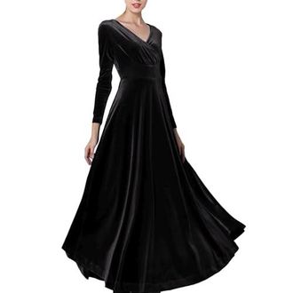 Generic Robe d&eacute;contract&eacute;e en velours dor&eacute; uni sexy pour femme et hiver, col rond, manches longues, robe d&eacute;t&eacute; l&eacute;g&egrave;re, Noir, XXL