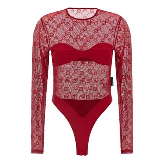 Marine Serre Femme, Tops, Rouge, Taille: 36 FR Moonogram Mesh Flock Bodysuit