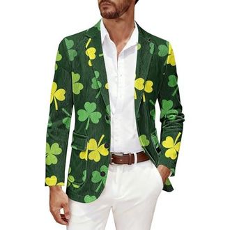 Generic Blazer en velours côtelé pour homme - Veste formelle pour la Saint-Patrick avec motif trèfle porte-bonheur - Simple boutonnage - Manches longues - Cou
