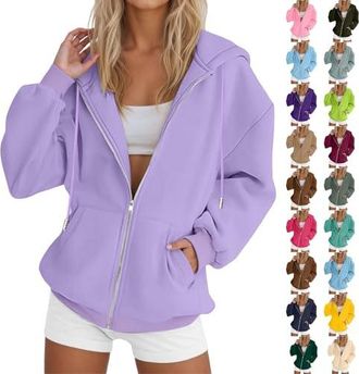 Generic Sweat à Capuche Femme Zippé Manche Longue Veste Femme Grande Taille VêTements de Sport Confortable Décontracté Ample Pullover Casual Mode Streetwear 2