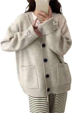 Generic Cardigan r&eacute;tro en tricot pour femme, style cor&eacute;en, avec poches plaqu&eacute;es, veste douce pour lhiver, Beige, taille unique