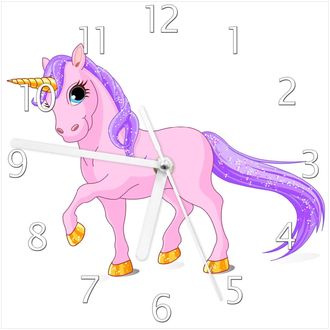 Wallario Design-Wanduhr Einhorn in rosa mit Schweif in lila aus Glas, Motiv-Uhr Größe 20 x 20 cm, weiße Zeiger