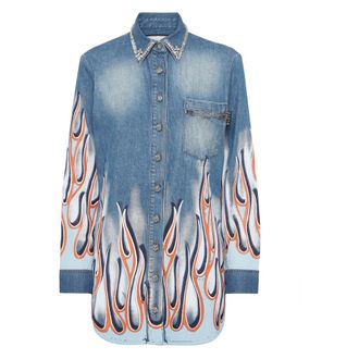 Philipp Plein Femme, Blouses et Chemises, Bleu, Taille: 44 FR Denim Shirt LS Flame Racing