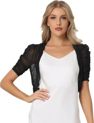 Allegra K Damen Kurz&auml;rm Shrug Mesh Durchsichtige Bolero Netzstoff Offener Strickjacke Schwarz XL