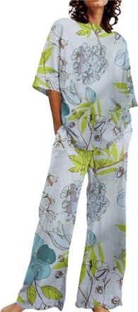 Generic Ensemble de v&ecirc;tements de d&eacute;tente &agrave; jambes larges pour femme - Tenue d&eacute;t&eacute; surdimensionn&eacute;e - Pantalon taille &eacute;lastique &agrave; manches courtes - Surv&ecirc;tement &agrave;