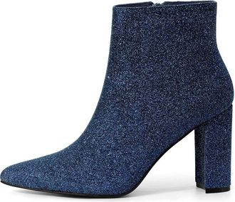 Allegra K Damen Glitzer Spitze Zehe Chunky Heel Stiefeletten, marineblau, 38 EU