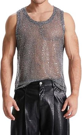 Generic Gilet sans Manche Homme Paillettes- D&eacute;bardeur Sexy D&eacute;t&eacute; en Maille Creuse Col en U Comfortable Respirante Chic Ample L&eacute;ger S&eacute;chage Rapide Top Perspecti