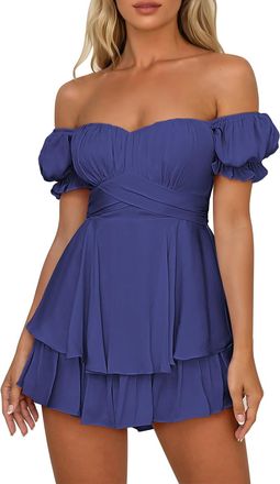 Pink Queen Damen Boho Kleid Mini Strampler Sommer Kurz Bandeau Jumpsuit Off Shoulder R&uuml;schen Chiffon Playsuit Navy Blau XL