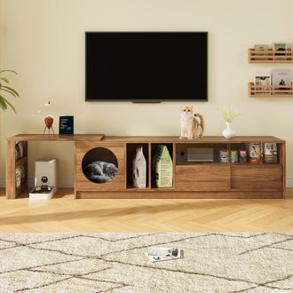 Generic Tv Schrank Holz LED Beleuchtung Katzenfreundlich Mit Glas T&uuml;ren Sichere Struktur Interaktive &Ouml;ffnungen Langlebig Modern Lowboard Stehend MDF Rahmen Pf