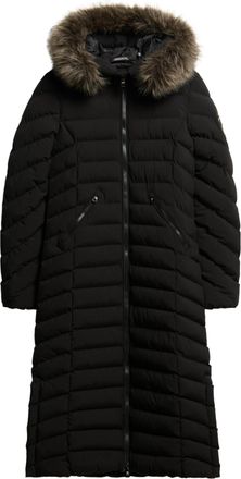 Superdry Damen Lange Fuji Jacke mit Kapuze mit Kunstfellbesatz Schwarz 40