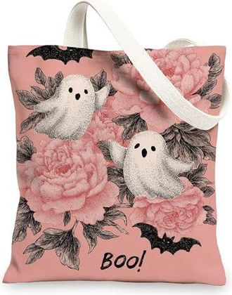 Generic Sacs fourre-tout en toile motif floral fantôme, sacs dépicerie réutilisables, légers et lavables avec bandoulière, pêche, 13x15 Inch