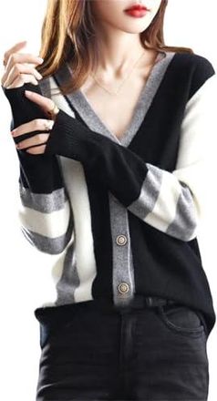 Generic Cardigan tendance pour femme avec col en V et rayures - Style paresseux d&eacute;contract&eacute;, Noir, blanc, gris, XL
