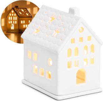 Com-Four Teelichthaus aus Porzellan - Häuschen aus mattem Porzellan mit Teelichtuntersatz - Leuchthaus - Stilvolle Raumdekoration in Form eines Hauses (13.5 cm