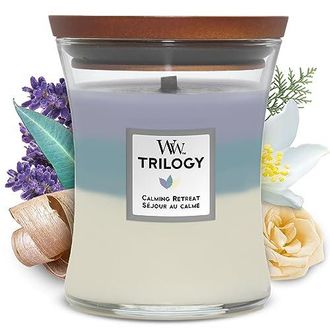 Woodwick Trilogy bougie jarre moyenne parfumée avec mèche Pluswick, Séjour au calme