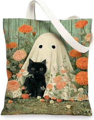 Generic Sacs fourre-tout réutilisables en toile motif chat fantôme, sacs dépicerie vintage, fantaisie, légers et lavables pour voyage, plage, 33 x 38 cm