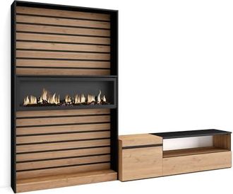 Skraut Home | Wohnwand Wohnzimmer | Wohnzimmerm&ouml;bel, M&ouml;belset | 260x186x35cm | F&uuml;r TV-Ger&auml;te bis zu 65 | Elektrokamin | Moderner Stil | Eiche Schwarz