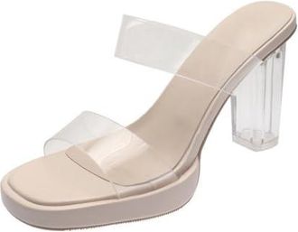 Minetom Femmes Talons Hauts Sandales Transparents Talon Bloc Sandales Chaussures Bout Ouvert Pantoufles Chaussons dété B Beige 7cm 37 EU