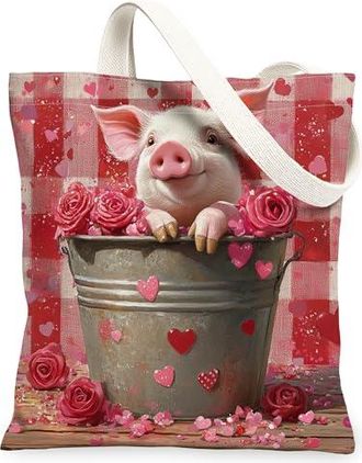Generic Sac fourre-tout en toile de cochon pour faire du shopping, 33 x 38,1 cm, sac d&eacute;picerie r&eacute;utilisable pour la Saint-Valentin, sac d&eacute;picerie pour femme, 