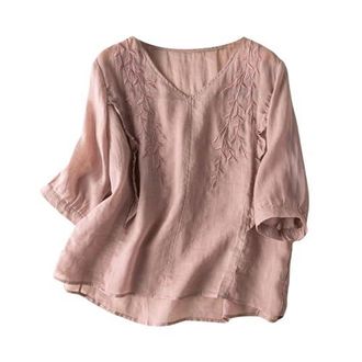 Generic Chemise en lin &agrave; manches 3/4 pour femme - Col en V - Broderie florale - Tunique r&eacute;tro - T-shirt jacquard l&eacute;ger et fluide - Chemisier boh&egrave;me, rose, XXL