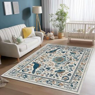 Generic Tapis Salon Lavable en Machine 160 x 230 cm - Poil Court Doux et R&eacute;sistant William Morris Fleurs Oiseaux Imprim&eacute; Tapis pour Salon Chambre Cuisine et C