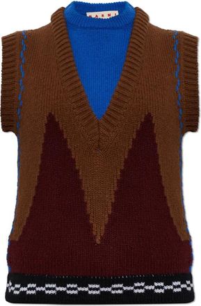 Marni Gilet en laine avec logo cousu - Femme - Pulls - Brun - Taille: 38 FR