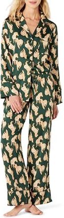 Amazon Essentials Ensemble Haut et Bas de Pyjama en Satin Femme, Vert Foncé Beige Zèbre, XL