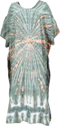 Guru Shop Boho Kaftan, Langes Open Shoulder Batikkleid, Strandkleid, Maxikleid - G&uuml;n/beige, Damen, Synthetisch