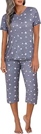 Ekouaer Pyjama Femme Été Manches Courtes et Pantacourt avec Poches Ensembles de Pyjama Femmes Vêtements de Nuit, Étoile Grise, S