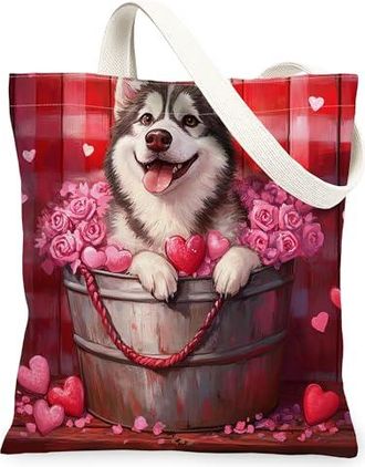 Generic Husky Dog Sac fourre-tout en toile r&eacute;utilisable pour faire du shopping 33 x 38,1 cm, sac d&eacute;picerie r&eacute;utilisable pour la Saint-Valentin, d&eacute;coration de 