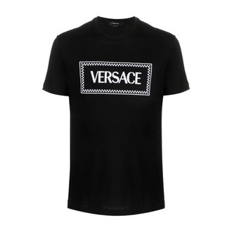 Versace Homme, Tops, Noir, Taille: L T-shirt Noir en Coton Logo Devant Manche Courte