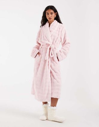 Loungeable Midi-Bademantel aus Fleece in Rosa mit Schalkragen und Blasenstruktur