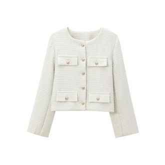 Generic Veste &eacute;l&eacute;gante &agrave; col rond for femme, manteau de style tweed &agrave; manches longues avec bordure tiss&eacute;e, blazer tricot&eacute; polyvalent for le bureau et le quoti