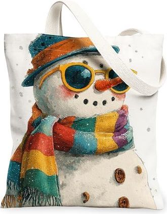 Generic Sac fourre-tout en toile motif bonhomme de neige r&eacute;utilisable, mignon, color&eacute;, l&eacute;ger, lavable, pour salle de sport, voyage, pique-nique, 33 x 38,1 cm