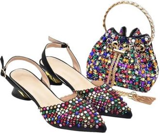 Generic Ensemble de chaussures de banquet et sac à talons hauts et bout pointu pour femme avec strass, Noir pour ensemble, 41.5 EU