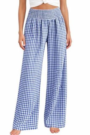 Lazutom Pantalon palazzo l&eacute;ger vichy &agrave; jambe large pour femme - Taille haute smock&eacute;e - &Agrave; enfiler avec poches, bleu, Medium