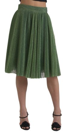 Dolce & Gabbana Womens Metallic Green High Waist A-Line Pleated Skirt Polyester