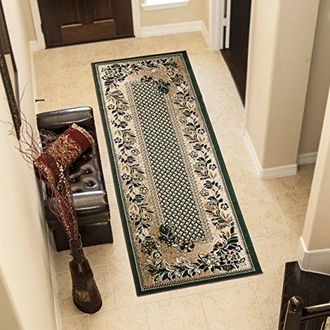 Tapiso Tapis De Couloir Classique - Couleur Vert Beige Motif Bordure D&eacute;corative Fleurs - Collection Atlas 70 x 300 cm