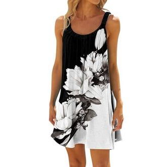 Generic Robe d&eacute;t&eacute; pour femme - Mode d&eacute;t&eacute; - Imprim&eacute; floral - Pliss&eacute; - Sans manches - Bandouli&egrave;re - Vacances &agrave; la plage - Robe d&eacute;contract&eacute;e, Noir, XXL