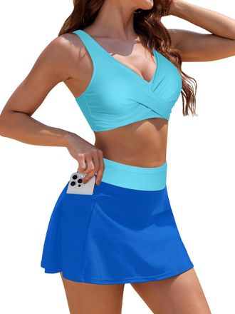 SHEKINI Damen Badeanzüge Bikini Set Sexy V-Ausschnitt Badeanzug Zweiteiliger Bauchweg Bademode Badeanzugkleid Baderock Elegant