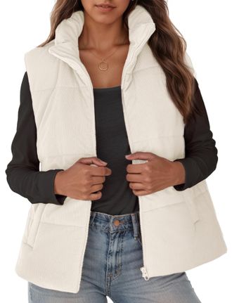 Feoya Damen Winter Weste Kurz Übergangsweste Stehkragen Pufferweste Daunenmantel Ärmellose Winterjacke Warm Steppweste Weiß XXL