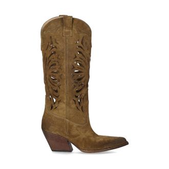 Elena Iachi Texanische Stiefel aus Vintage-Effekt Wildleder mit geschnitzten Details - - Shoes - Damen - Braun - 37 1/2 EU